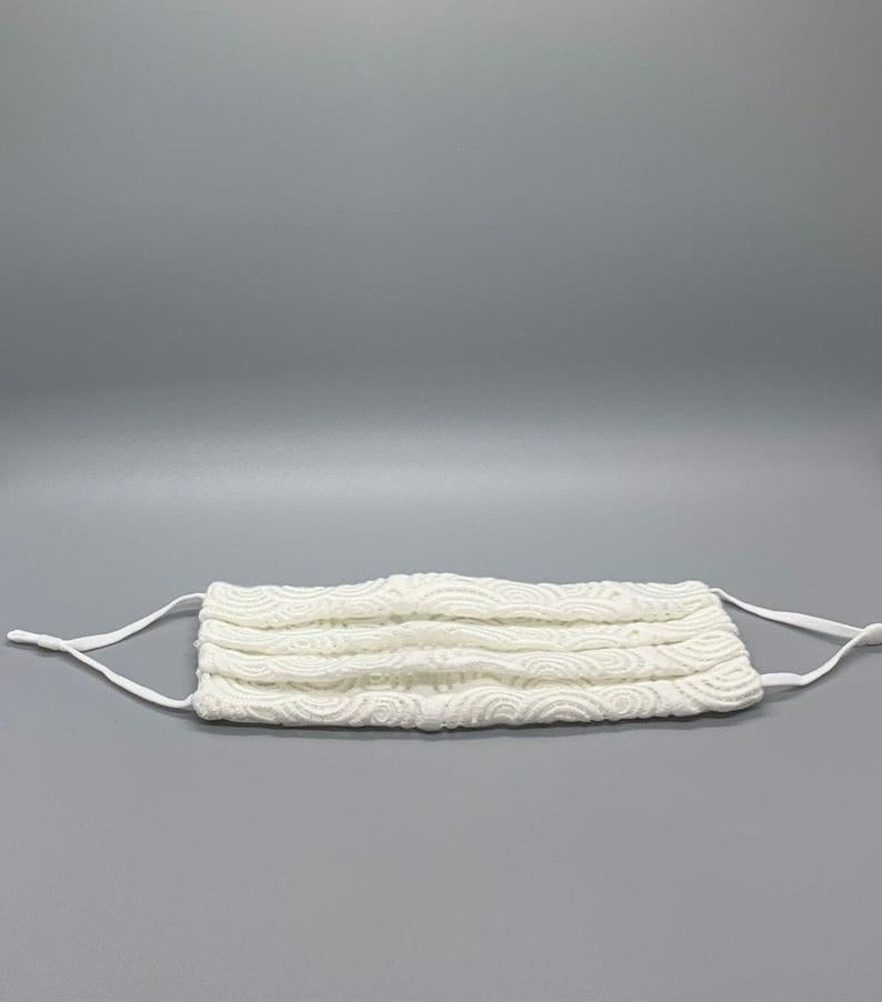Pleated Ivory Cotton Lace Bridal Face Mask